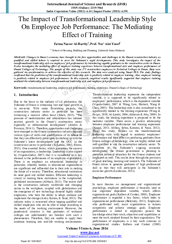 (PDF) The Impact of Transformational Leadership Style On Employee Job Performance: The Mediating ...