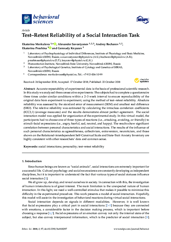 (PDF) Test–Retest Reliability of a Social Interaction Task