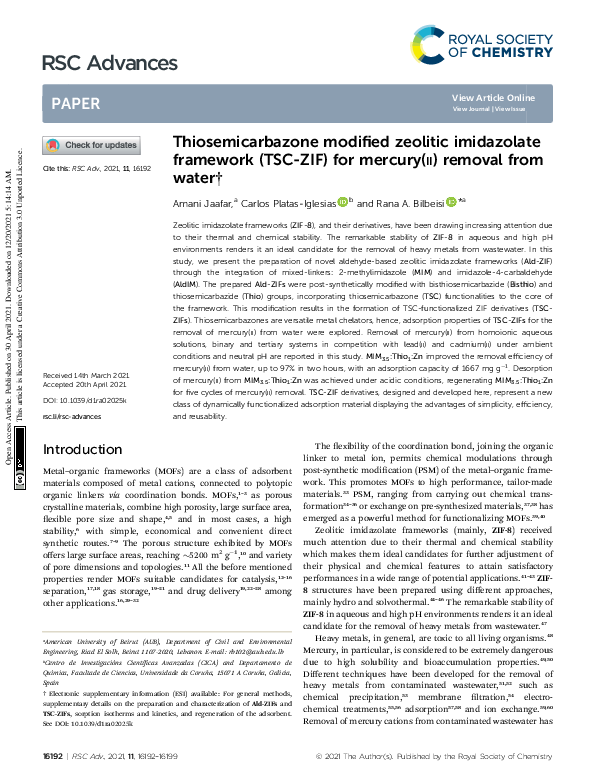 Pdf Thiosemicarbazone Modified Zeolitic Imidazolate Framework Tsc Zif For Mercuryii