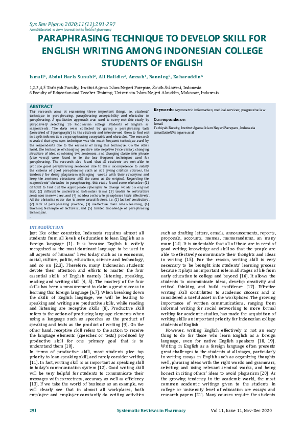 (PDF) Paraphrasing Technique to Develop Skill for English Writing Among ...