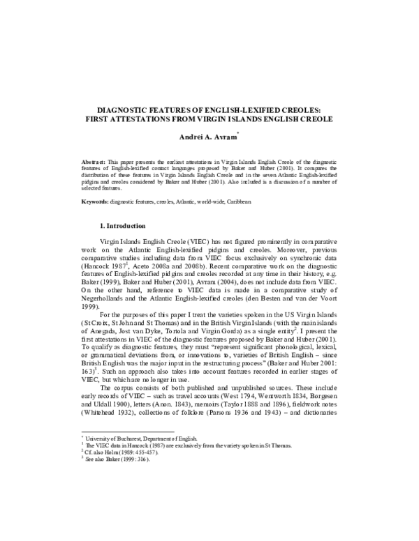 (PDF) Diagnostic features of English-lexified creoles: First ...
