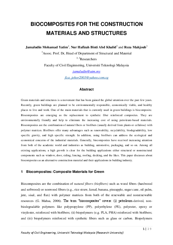 (PDF) BIOCOMPOSITES FOR THE CONSTRUCTION MATERIALS AND STRUCTURES
