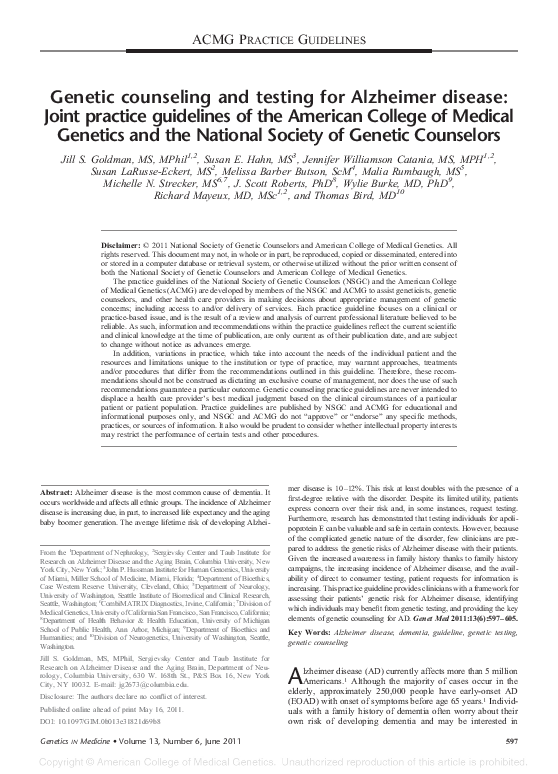 (PDF) Genetic counseling and testing for Alzheimer disease: Joint ...