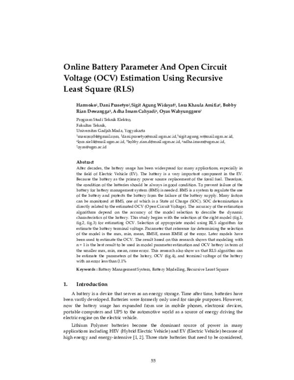 (PDF) Online Battery Parameter And Open Circuit Voltage (OCV) Estimation Using Recursive Least ...
