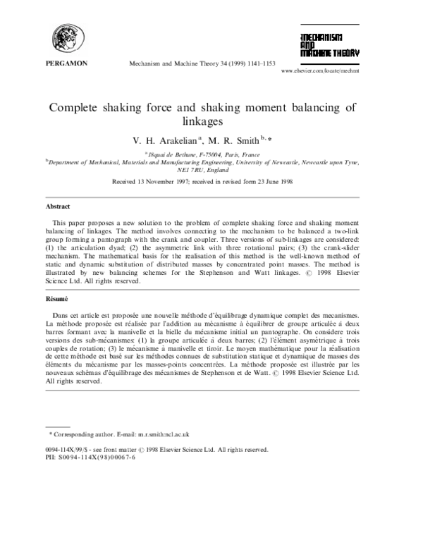 (PDF) Complete shaking force and shaking moment balancing of linkages