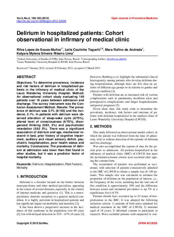 (PDF) Delirium in hospitalized patients: Cohort observational in ...
