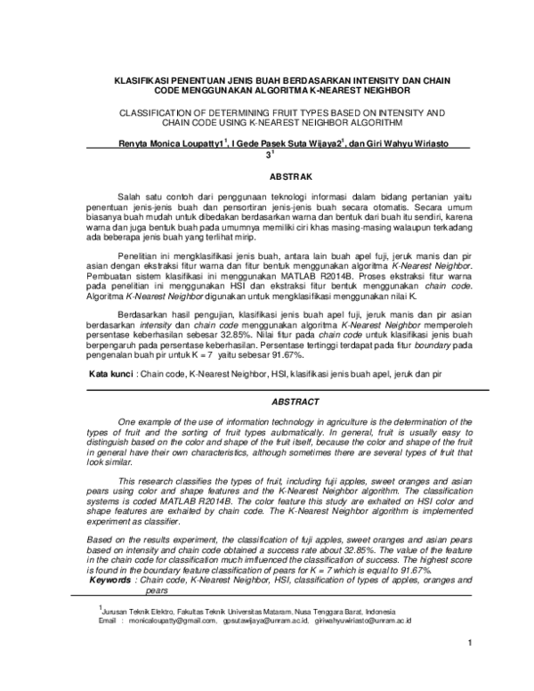 (PDF) Klasifikasi Penentuan Jenis Buah Berdasarkan Intensity Dan Chain Code Menggunakan ...