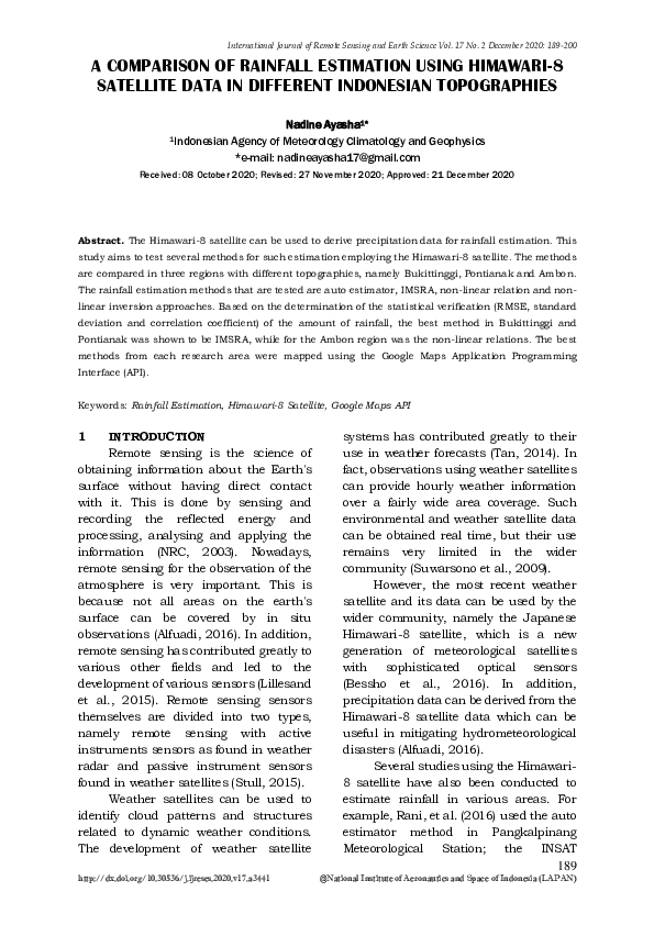 (PDF) A Comparison of Rainfall Estimation Using HIMAWARI-8 Satellite Data in Different ...