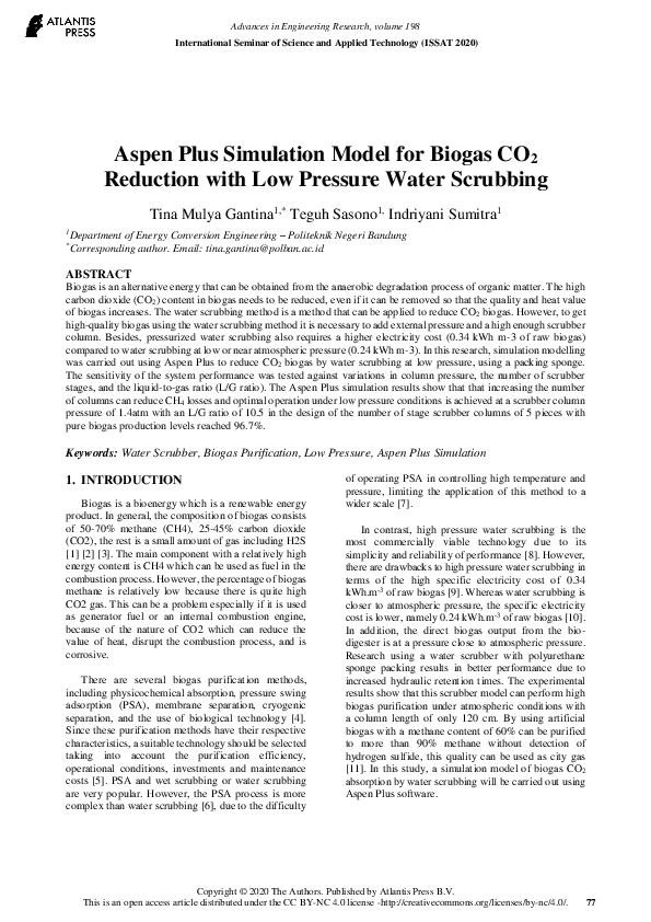 (PDF) Aspen Plus Simulation Model for Biogas CO2 Reduction with Low ...