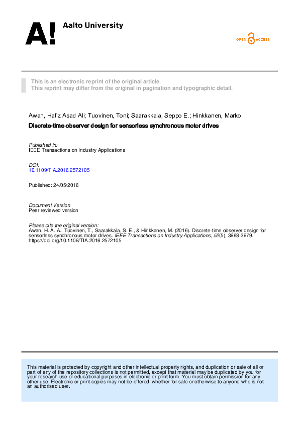 Pdf Discrete Time Observer Design For Sensorless Synchronous Motor Drives