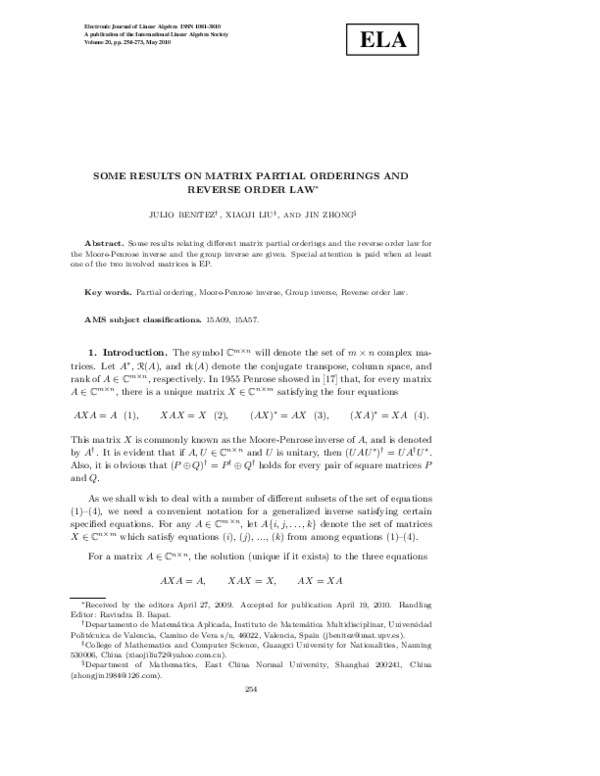 (PDF) Some results on matrix partial orderings and reverse order law