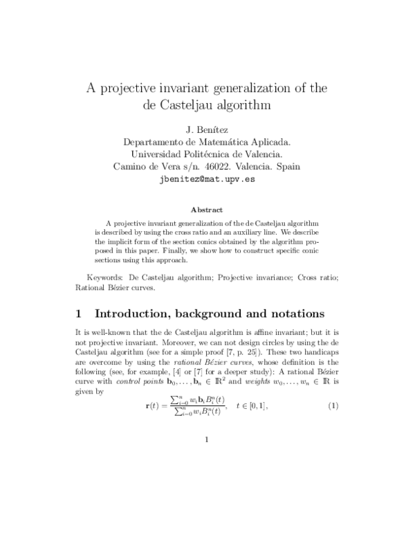(PDF) A projective invariant generalization of the de Casteljau algorithm | Julio Benitez ...