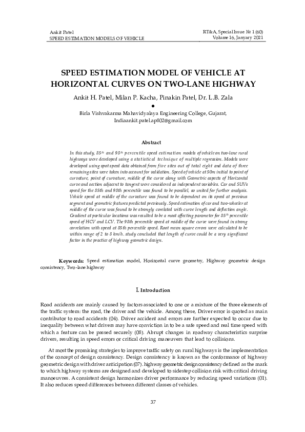 (PDF) Speed Estimation Model of Vehicle at Horizontal Curves on Two-Lane Highway | Milan kacha ...