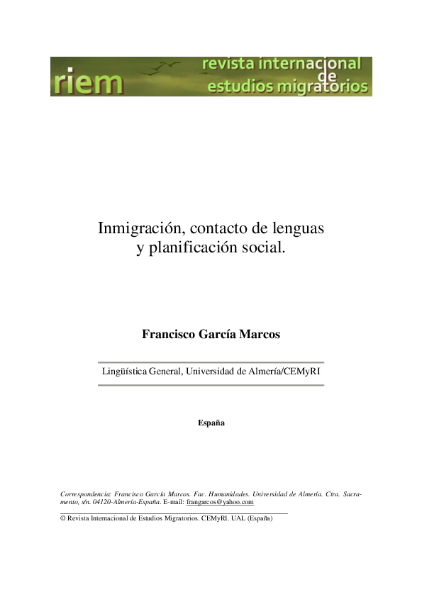 (PDF) Inmigración, contacto de lenguas y planificación social