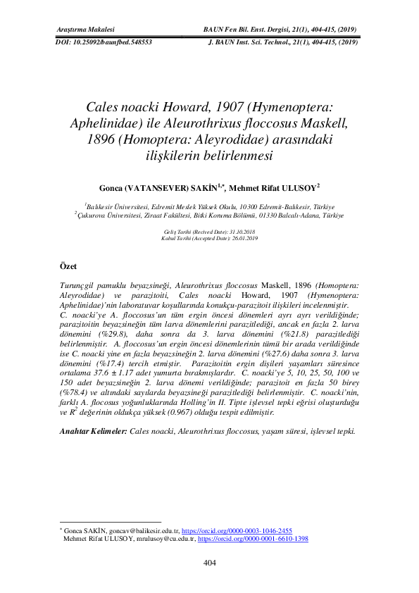 (PDF) Cales noacki Howard, 1907 (Hymenoptera: Aphelinidae) ile ...