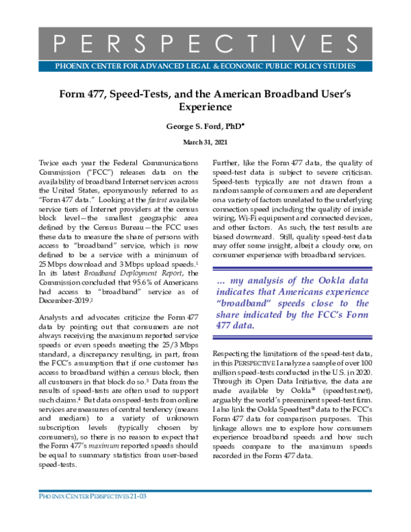 (PDF) Form 477, Speed-Tests, and the American Broadband User’s Experience