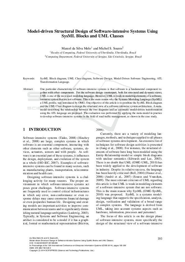 Pdf Model Driven Structural Design Of Software Intensive Systems Using Sysml Blocks And Uml