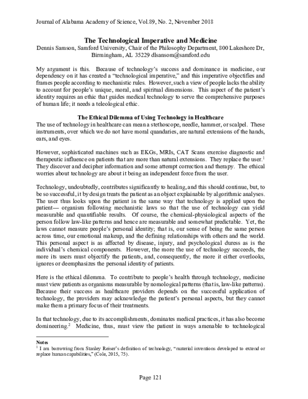 (PDF) The Technological Imperative and Medicine