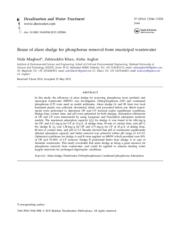 (PDF) Reuse of alum sludge for phosphorus removal from municipal wastewater