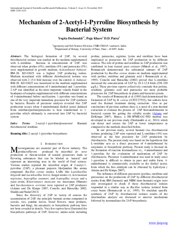 (PDF) Mechanism of 2-Acetyl-1-Pyrroline Biosynthesis by Bacterial System