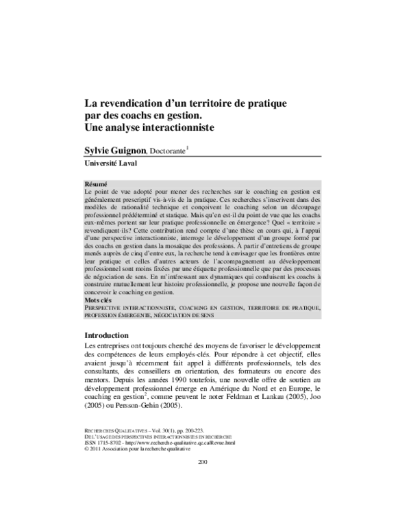 (PDF) La revendication d'un territoire de pratique par des coachs en gestion | Sylvie Guignon ...