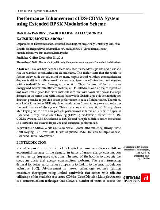 Pdf Performance Enhancement Of Ds Cdma System Using Extended Bpsk