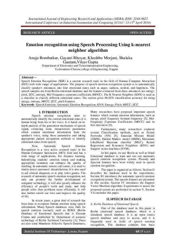 Pdf Emotion Recognition Using Speech Processing Using K Nearest