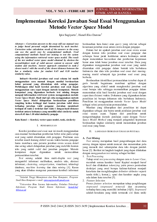 (PDF) Implementasi Koreksi Jawaban Soal Essai Menggunakan Metode Vector Space Model