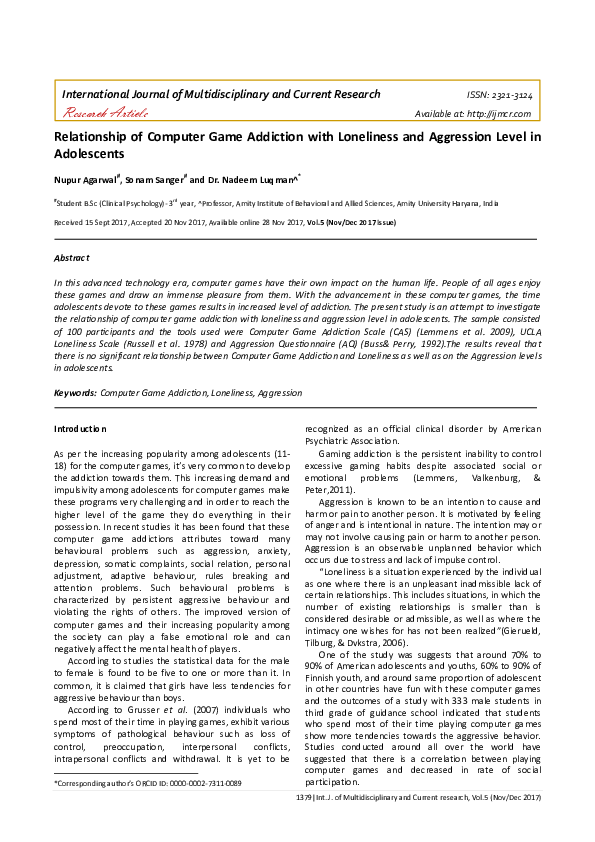 (PDF) Relationship of Computer Game Addiction with Loneliness and ...