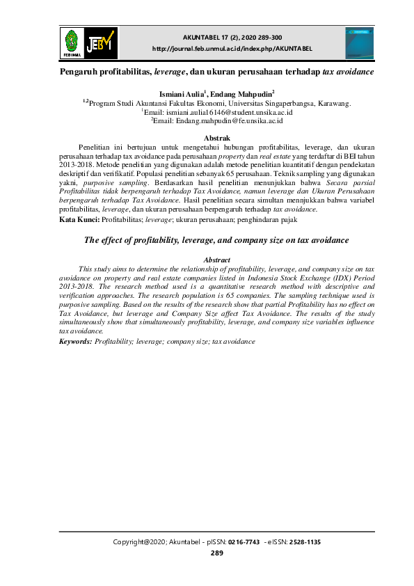 (PDF) Pengaruh profitabilitas, leverage, dan ukuran perusahaan terhadap tax avoidance