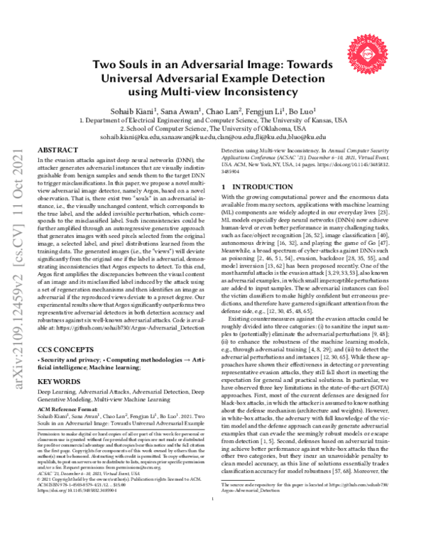 (PDF) Two Souls in an Adversarial Image: Towards Universal Adversarial Example Detection using ...