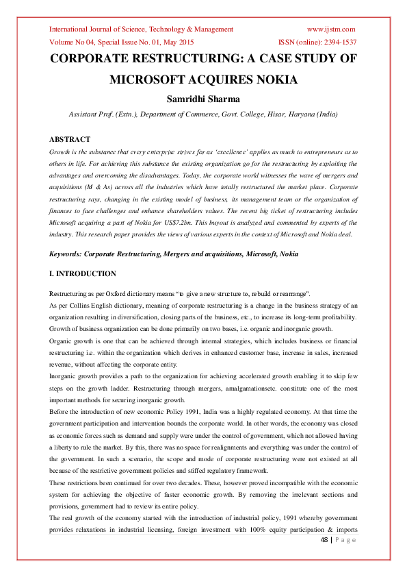 (PDF) CORPORATE RESTRUCTURING: A CASE STUDY OF MICROSOFT ACQUIRES NOKIA