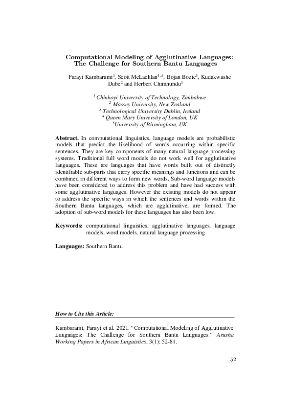 (PDF) Computational Modeling of Agglutinative Languages: The Challenge for Southern Bantu Languages