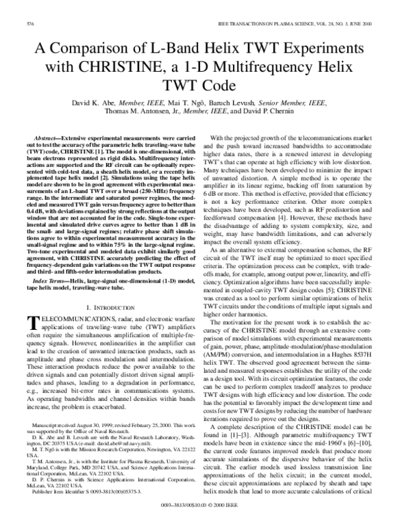 (PDF) A comparison of L-band helix TWT experiments with CHRISTINE, a 1 ...