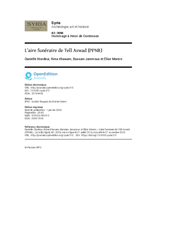 (PDF) L'aire funéraire de Tell Aswad (PPNB)
