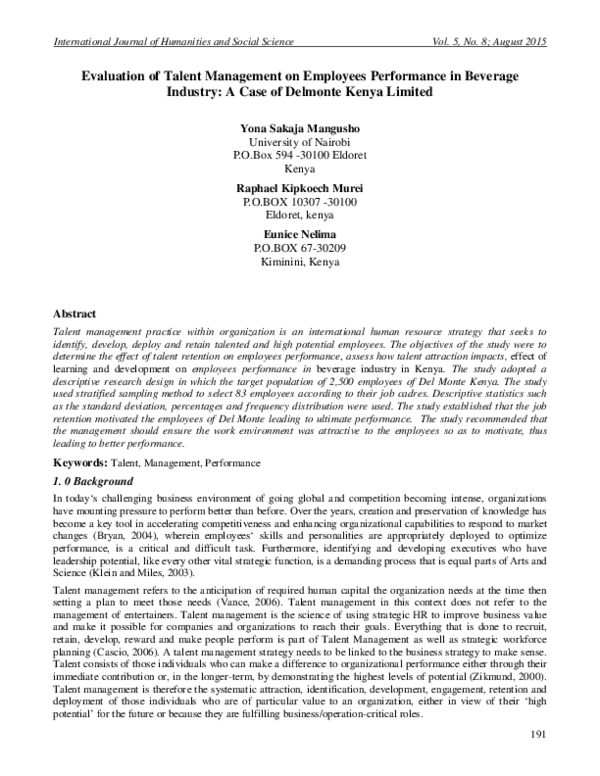 (PDF) Evaluation of Talent Management on Employees Performance in Beverage Industry: A Case of ...
