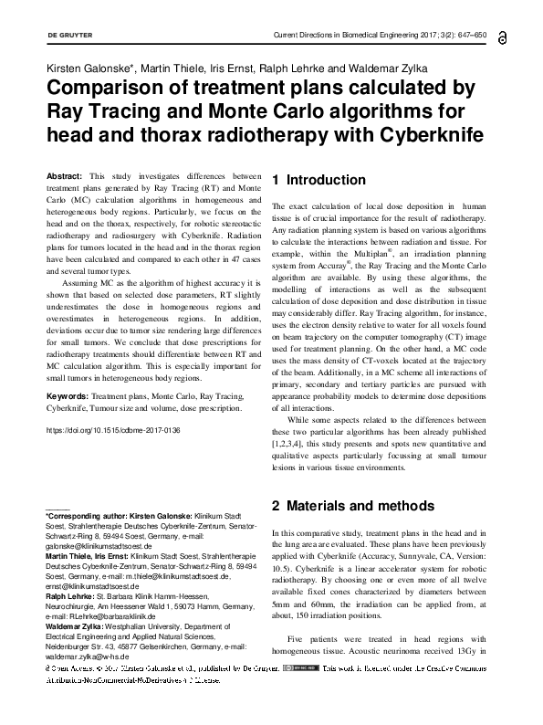 (PDF) Comparison of treatment plans calculated by Ray Tracing and Monte Carlo algorithms for ...
