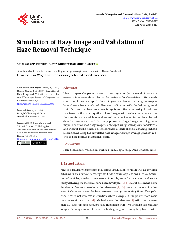 (PDF) Simulation of Hazy Image and Validation of Haze Removal Technique