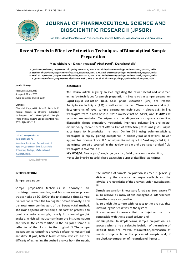 (PDF) Recent Trends in Effective Extraction Techniques of Bioanalytical Sample Preparation