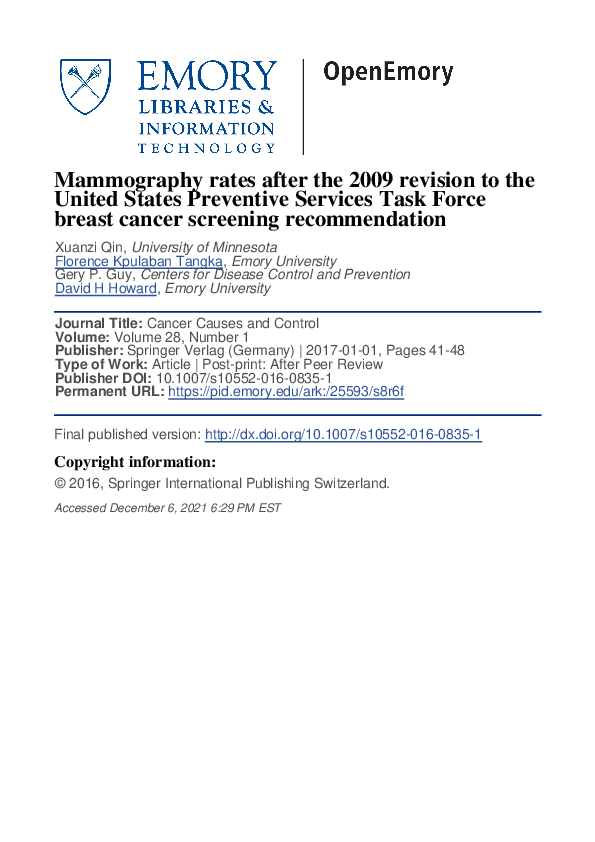 (PDF) Mammography rates after the 2009 revision to the United States ...