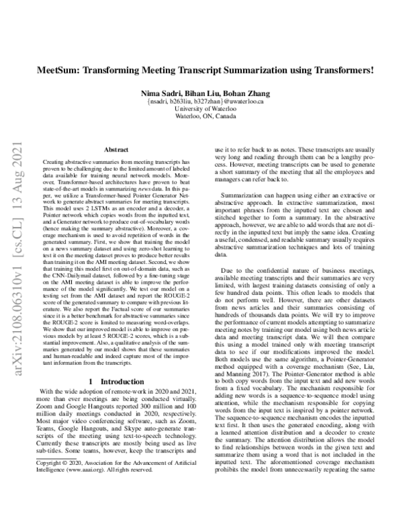 Pdf Meetsum Transforming Meeting Transcript Summarization Using Transformers