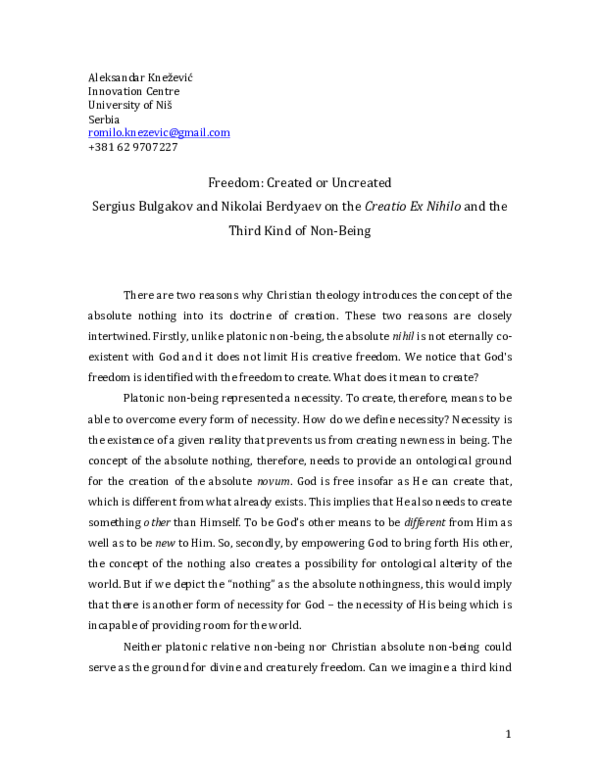 (PDF) Freedom-Created or Uncreated. Segius Bulgakov and Nikolai ...