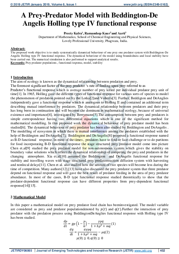 (PDF) A Prey-Predator Model with Beddington-De Angelis Holling type IV ...