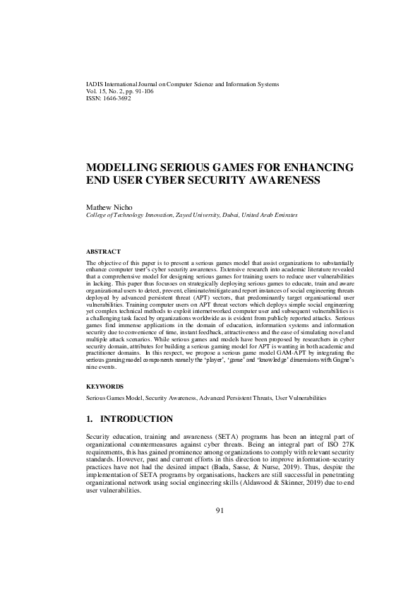 (PDF) Enhancing Cyber Security Awareness through Serious Games Model