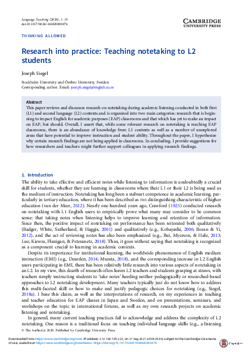 (PDF) Language Teaching: Research into practice: Teaching notetaking to ...