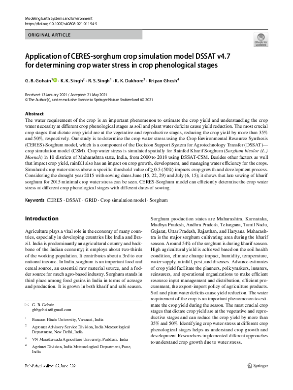 Pdf Application Of Ceres Sorghum Crop Simulation Model Dssat V4 7 For Determining Crop Water
