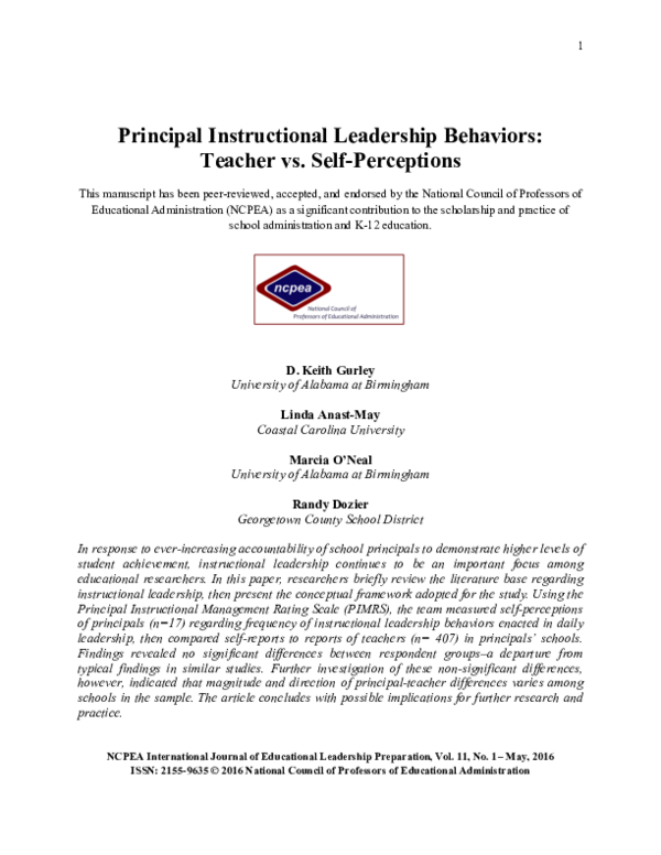 (PDF) Principal Instructional Leadership Behaviors: Teacher vs. Self-Perceptions
