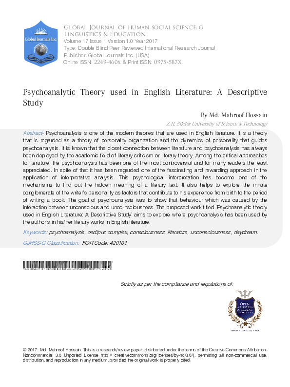 (PDF) Psychoanalytic Theory used in English Literature: A Descriptive Study