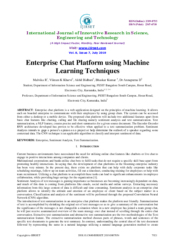 (PDF) Enterprise Chat Platform using Machine Learning Techniques