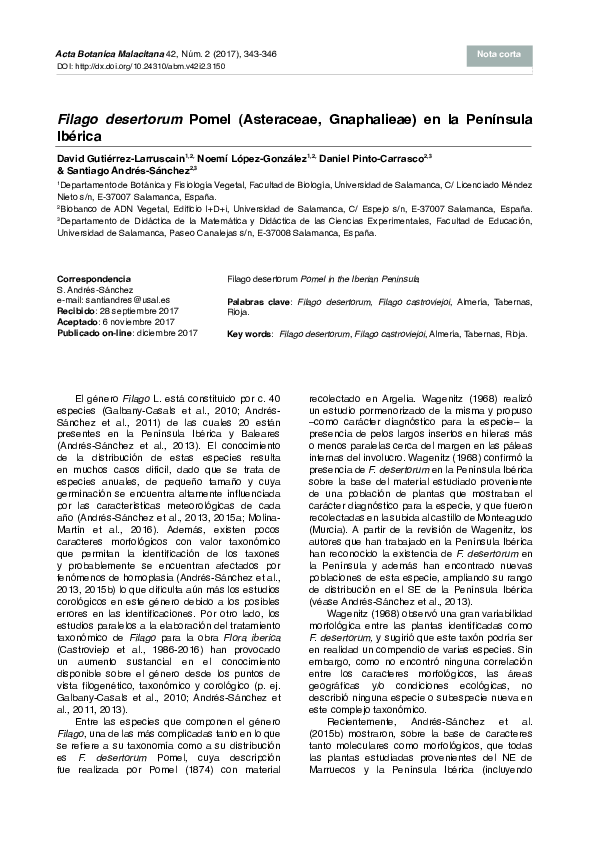 (PDF) Filago desertorum Pomel (Asteraceae, Gnaphalieae) en la Península ...